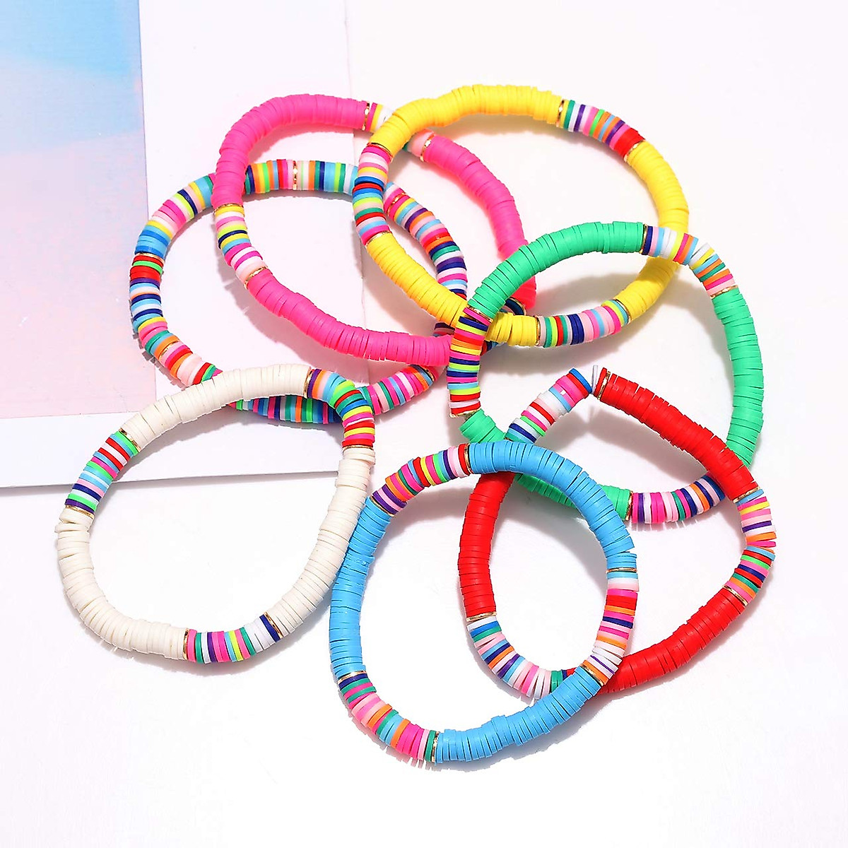 NLCAC Heishi Surfer Bracelets Stackable Colorful African Vinyl Disc 6mm Beads Stretch Bracelets Vsco Boho Summer Beach Jewelry for Women (5)