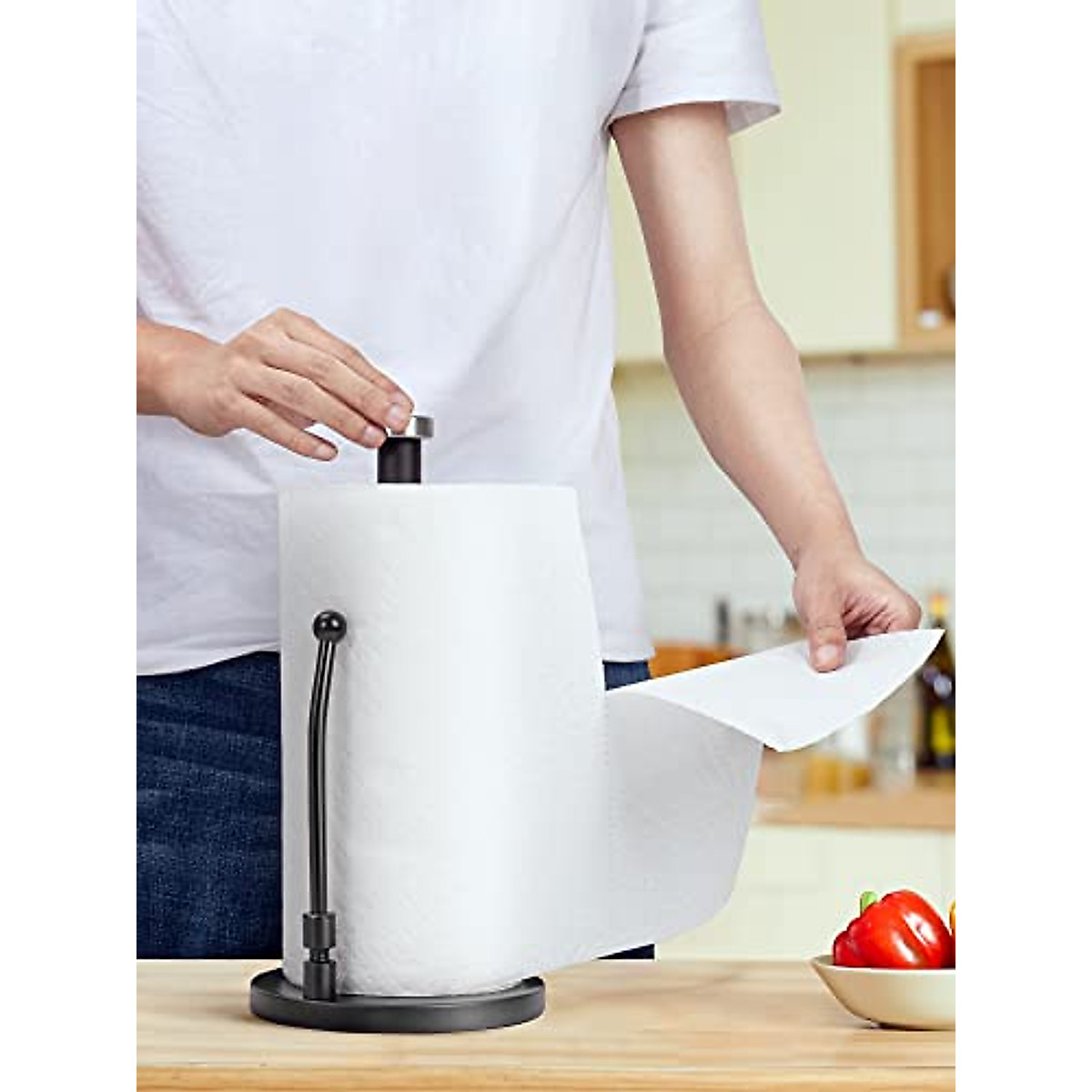 SMARTAKE Paper Towel Holder, Paper Towel Dispenser Standing Weighted Base Non Slip, Spring Arm Fit Most Size Paper Roll, Stainless Steel Paper Towel Holder for Home Kitchen Countertop Tabletop, Black