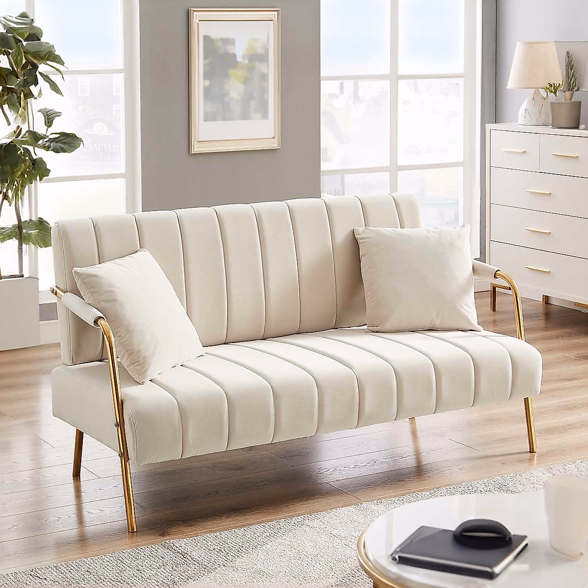 RIDFY Modern Upholstered Velvet Loveseat Sofa with 2 Pillows/Gold Metal Legs, 2 Seater Futon Sofa Couch, Cashmere Fabric Accent Mini Sofa, Living Seat for Small Spaces/Bedroom(Beige)