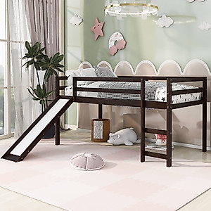 Harper & Bright Designs Kids Low Loft Bed with Slide, Twin Size Wooden Loft Bed Frame, Espresso