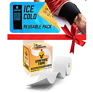 Sparthos Kinesiology Tape [Frosted White - 16.4ft Uncut Roll] + Sparthos Ice Packs for Injuries [Size Medium + Cover]
