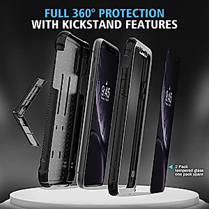 ORETECH Kickstand for iPhone XR Case, with[2 x Tempered Glass Screen Protector] 5 in 1 Military Grade Shockproof Protective Silicone TPU Bumper+Hard PC Slim Thin iPhone XR Phone Case-Black