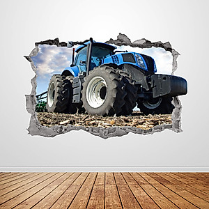 Tractor Wall Decal Art Smashed 3D Graphic Farm Blue Tractor Wall Sticker Mural Poster Kids Room Decor Gift UP359 (70"W x 46"H inches)