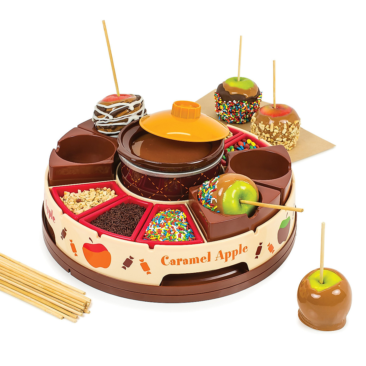 Nostalgia CCA5 Lazy Susan Chocolate & Caramel Apple Party with Heated Fondue Pot, 25 Sticks, Decorating and Toppings Trays