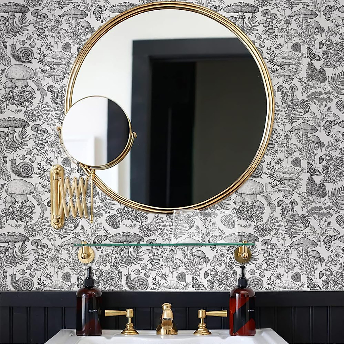 BEETAL Black and White Boho Mushroom Snail Peel and Stick Wallpaper Modern Esay Peel Off Contact Paper Vintage Self Adhesive Removable Stick on Wall Paper for Kitchen Cabinet Furniture Renter Friendly