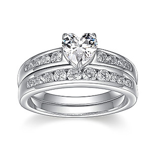 MORGAN & PAIGE Bridal Ring Set - Channel-Set Heart Shaped Cubic Zirconia - 925 Platinum Plated Sterling Silver Wedding and Engagement Ring Set For Women - Size 7