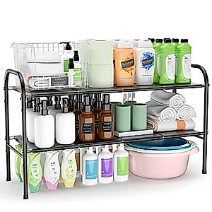 Summer&Kiss Expandable Under Sink Organizers and Storage，2-Tier Cabinet Metal Shelf Organizer with 8 Removable Panels, Black Under Sink Storage Rack for Kitchen Bathroom