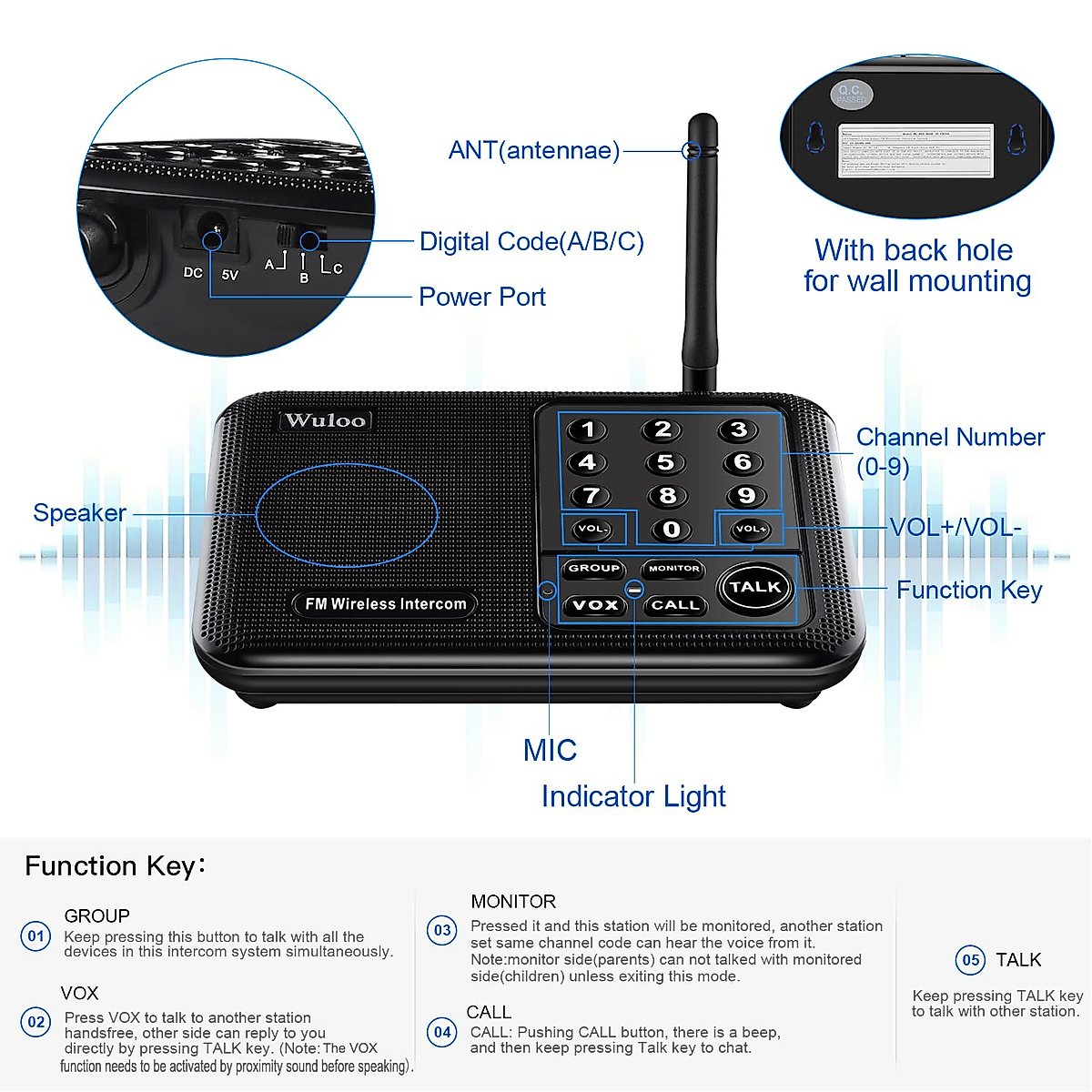 Wuloo Intercoms Wireless for Home 5280 Feet Range 10 Channel 3 Code, Wireless Intercom System for Home House Business Office, Room to Room Intercom, Home Communication System (3 Packs, Black)