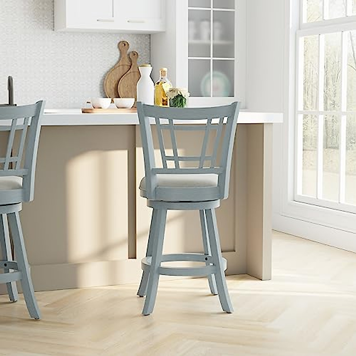Hillsdale, Fairfox Wood Counter Height Swivel Stool with Rectangular Lattice Back, Blue Wire Brush