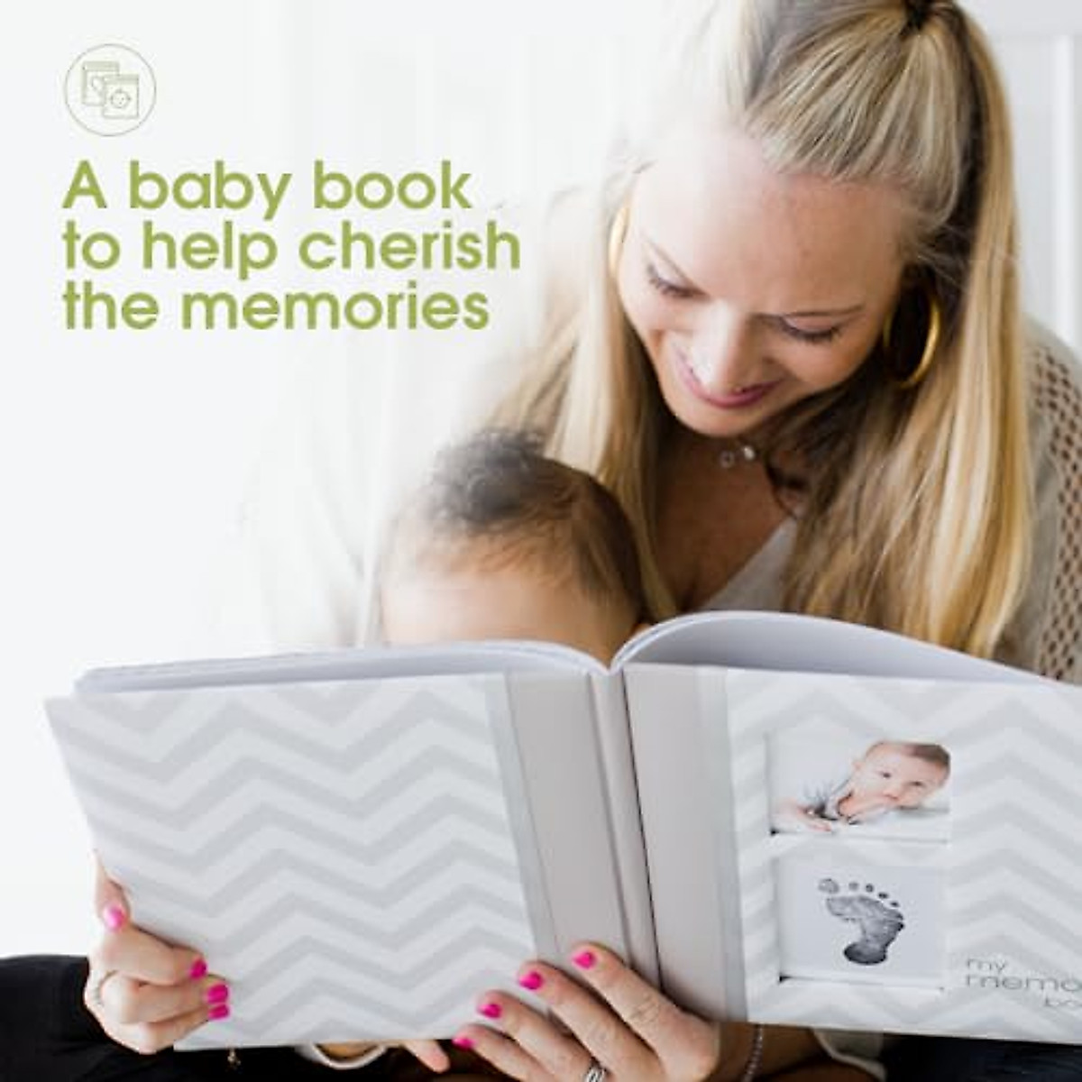 Pearhead Baby Memory Book, First 5 Years Baby Milestone Book, Pregnancy Journal, Newborn Baby Girl or Baby Boy Keepsake, With Clean-Touch Ink Pad For Baby's Handprint or Footprint, Gray Chevron