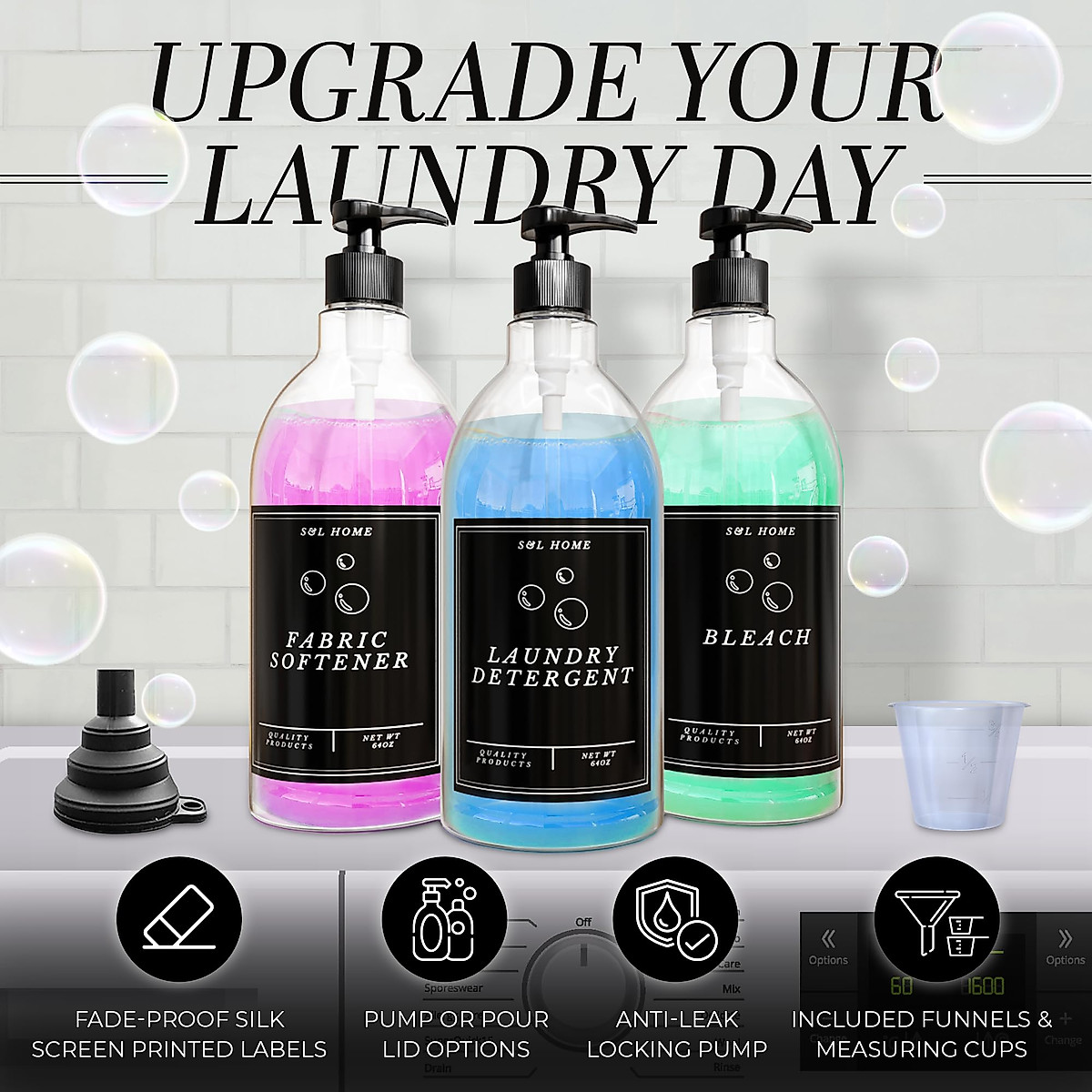 S&L Home Liquid Laundry Detergent Dispenser - 64 Oz Plastic Laundry Detergent Container, Fabric Softener Dispenser & Bleach Dispenser for Laundry Room