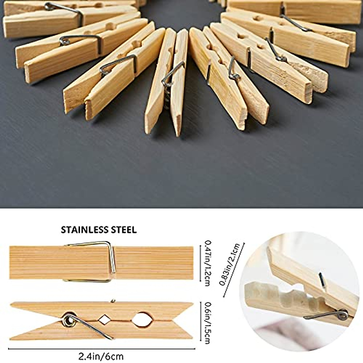 Loliyas Clothes Pins, Bamboo Wooden Clothespins Wood Clips, Small Close Pins Clothing Pins Clothes Pegs for Photos Crafts Pictures Baby Hanging Clothes Clothesline Laundry Clip, 40 Pack 2.4 Inch