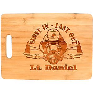 Fire Fighter Gifts For Adults Personalized First In Last Out Firefighter Helmet Big Rectangle Personalized Bamboo Cutting Board