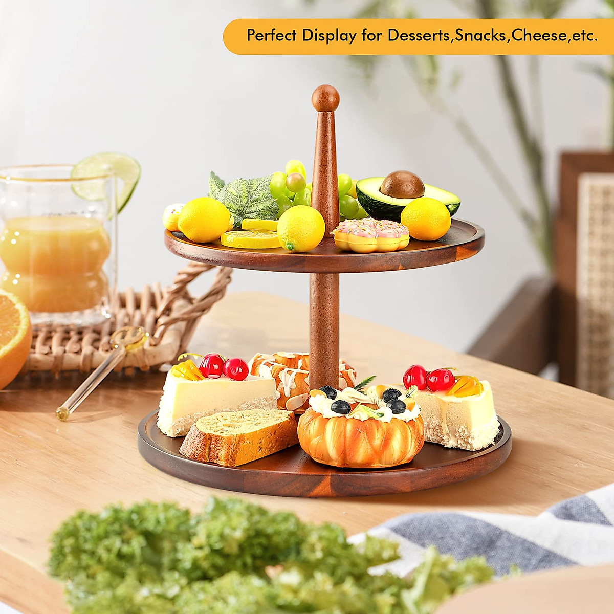 Large Wooden Cupcake Stand Holder Rustic 2 Tier Wooden Serving Stand Tiered Tray Stand Wooden Pastry Stand, Dessert Display Stands Farmhouse Tiered Tray Decor Brown Decorative Tray Mother's Day