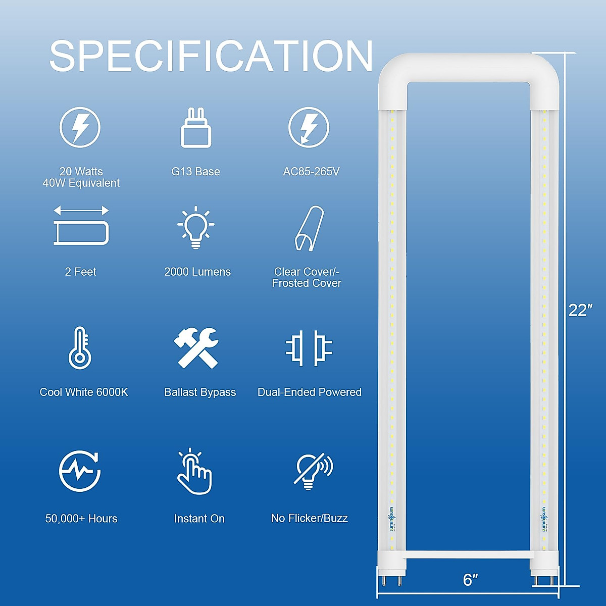 LUMINOSUM, T8 T12 U Bend LED Tube Light 2x2 Foot, 20W (40 watts equivalent), Cool White 6000k, Clear Cover, Ballast Bypass, ETL Listed, 10-pack