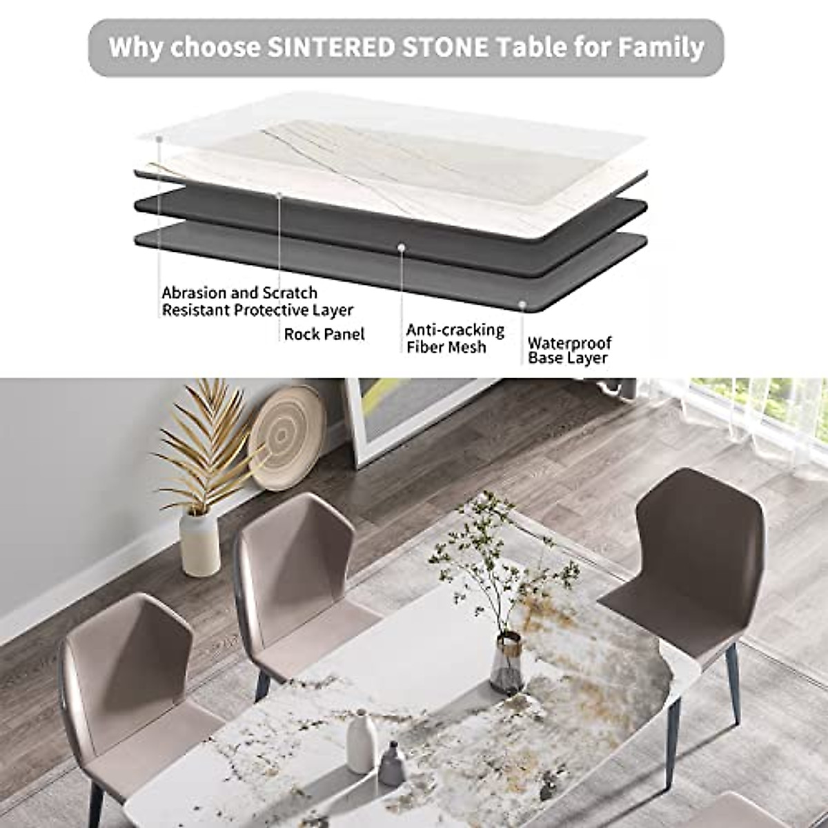 LKTART 63" Modern Artificial Marble Dinning Table Overlapping Leg Sintered Stone Dinning Table Top Suitable for 6-8 People Dinning Room Kitchen (no Chair)