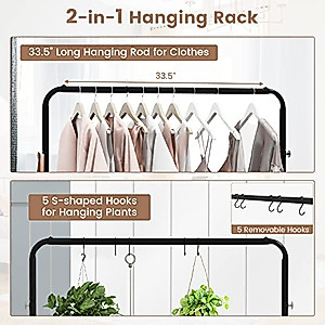 Tangkula Clothes Rack on Wheels, Industrial Pipe Style Rolling Garment Rack with Bottom Storage Shelf & 5 Hanging Hooks, Clothes Organizer with Sturdy Metal Frame for Bedroom Laundry Room