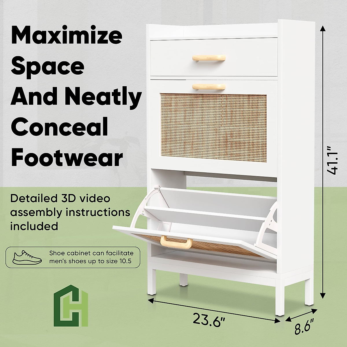 CleverHome Wood Hidden Shoe Rack - Narrow Shoe Cabinet with Drawer, 2 Tilting Shoe Organizer & Shelf - Rattan Shoe Storage Cabinet for Entryway, Nonslip Shoe Dresser- Bundle Below w/Improved Screws