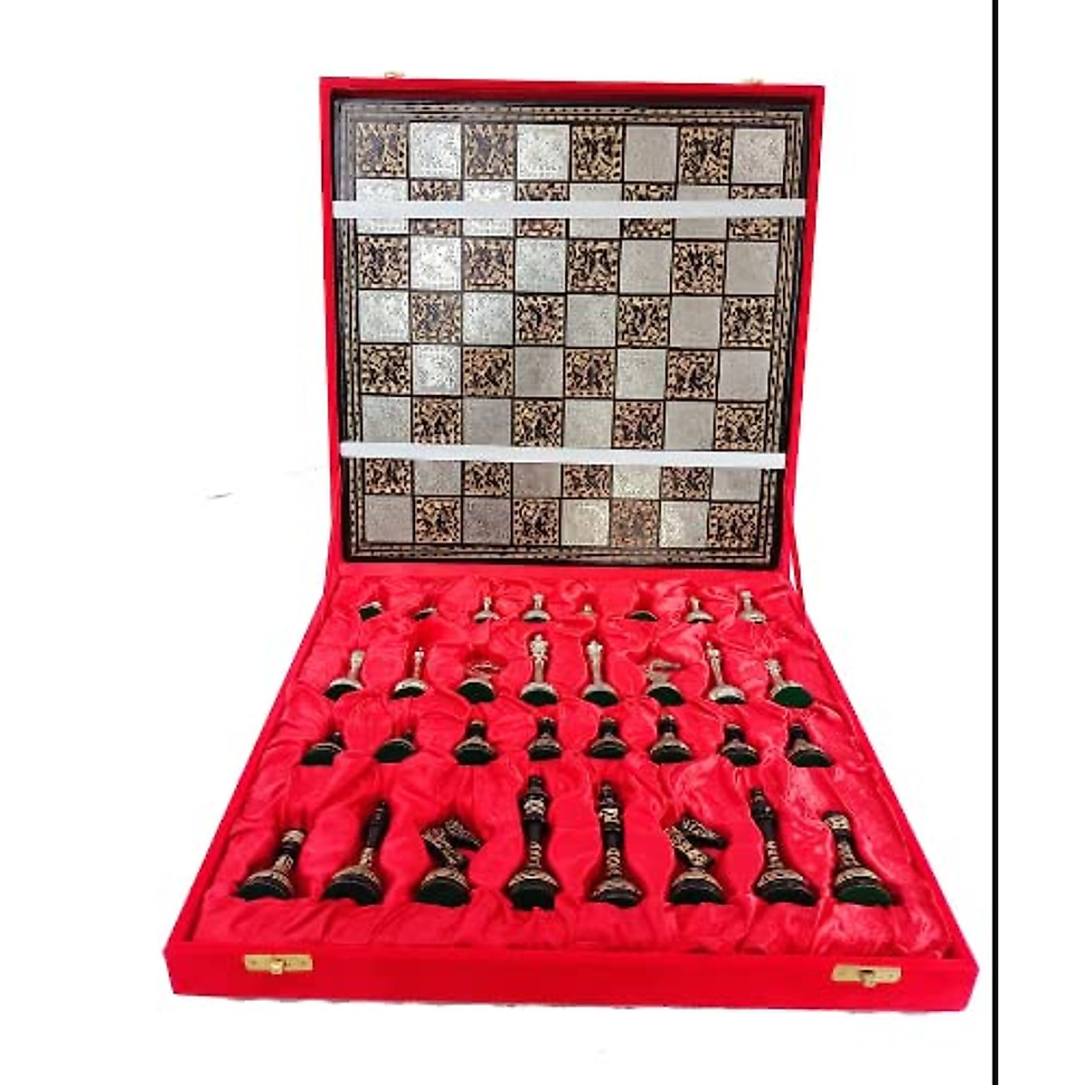 12" Solid Brass Metal Chess Set Pieces & Board with Velvet Storage Box | Brass Metal Luxury Chess Set | Antique Chess Set for Gifts