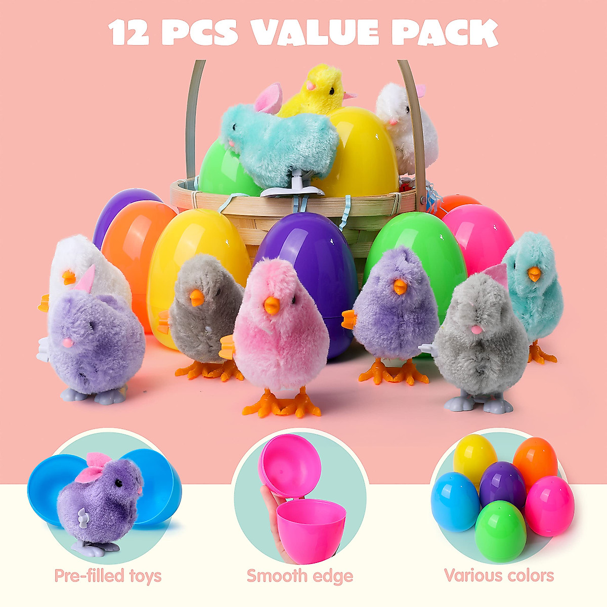 JOYIN 12 Pcs Easter Eggs Filled with Wind-up Toys, Colorful Egg Wind-Up Jumping Chicks and Bunnies for Kids Basket Stuffer, Hunt, Party Favors, Classroom Prize
