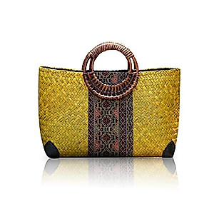 QTKJ Women Summer Retro Straw Bag with Printing Hand-woven Beach Handbag Top Round Handle Boho Tote Bag Shopping and Travel Large Bag (Yellow)
