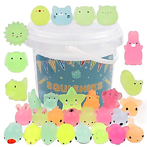 POKONBOY 23 Pack Squishies Mochi Squishy Toys Glow in The Dark Party Favors for Kids - Mini Kawaii Squishies Mochi Animals Stress Relief Squishy Pack Squishy Cat Squishys with Storage Box