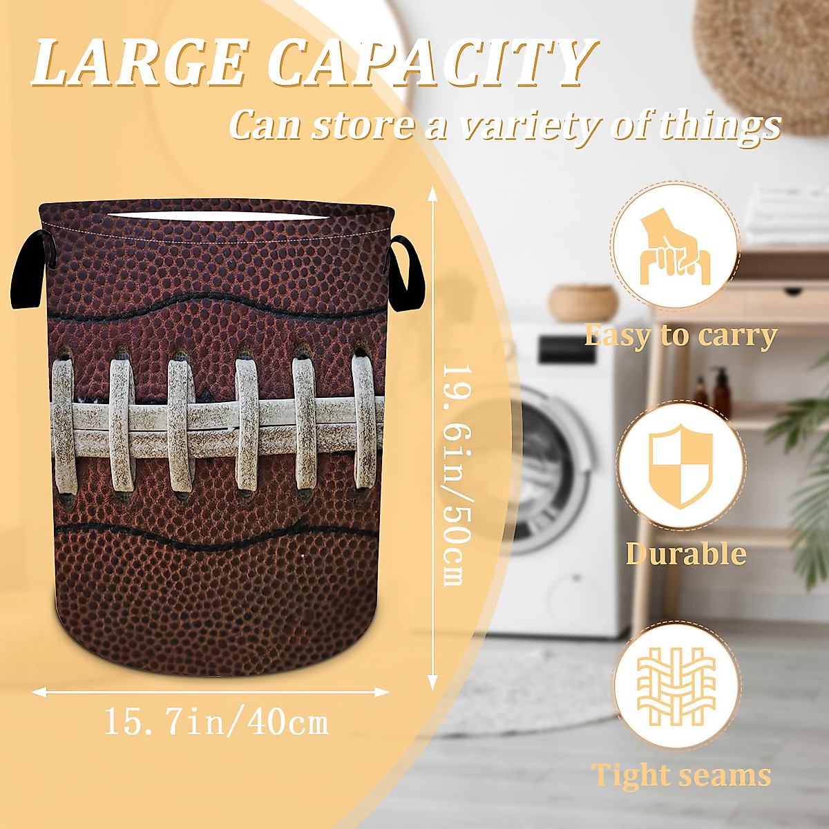 American Football Texture Laundry Basket, Sports Theme Laundry Hamper Foldable Waterproof Funny Tote Bag Dirty Clothes Storage Bucket Toy Organizer for Bathroom/Laundry/Bedroom 15.7"x19.6"