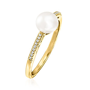 RS Pure by Ross-Simons 6mm Cultured Pearl Ring With Diamond Accents in 14kt Yellow Gold. Size 6
