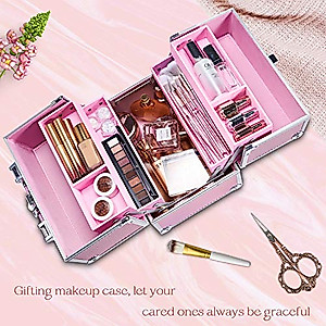 Frenessa Makeup Train Case Cosmetic Organizer Case Portable Travel Storage Box 4 trays with Dividers Lockable Make Up Case for Makeup Artist, Nail Tech, Crafter Makeup Tools Makeup Toiletry Case