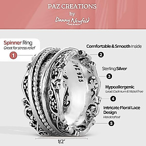 Paz Creations 925 Sterling Silver Spinner Ring/Fidget Ring/Anxiety Ring - 925 Sterling Silver Rings for Women, Stylish Boho Ring (Sterling Silver, Size 9)