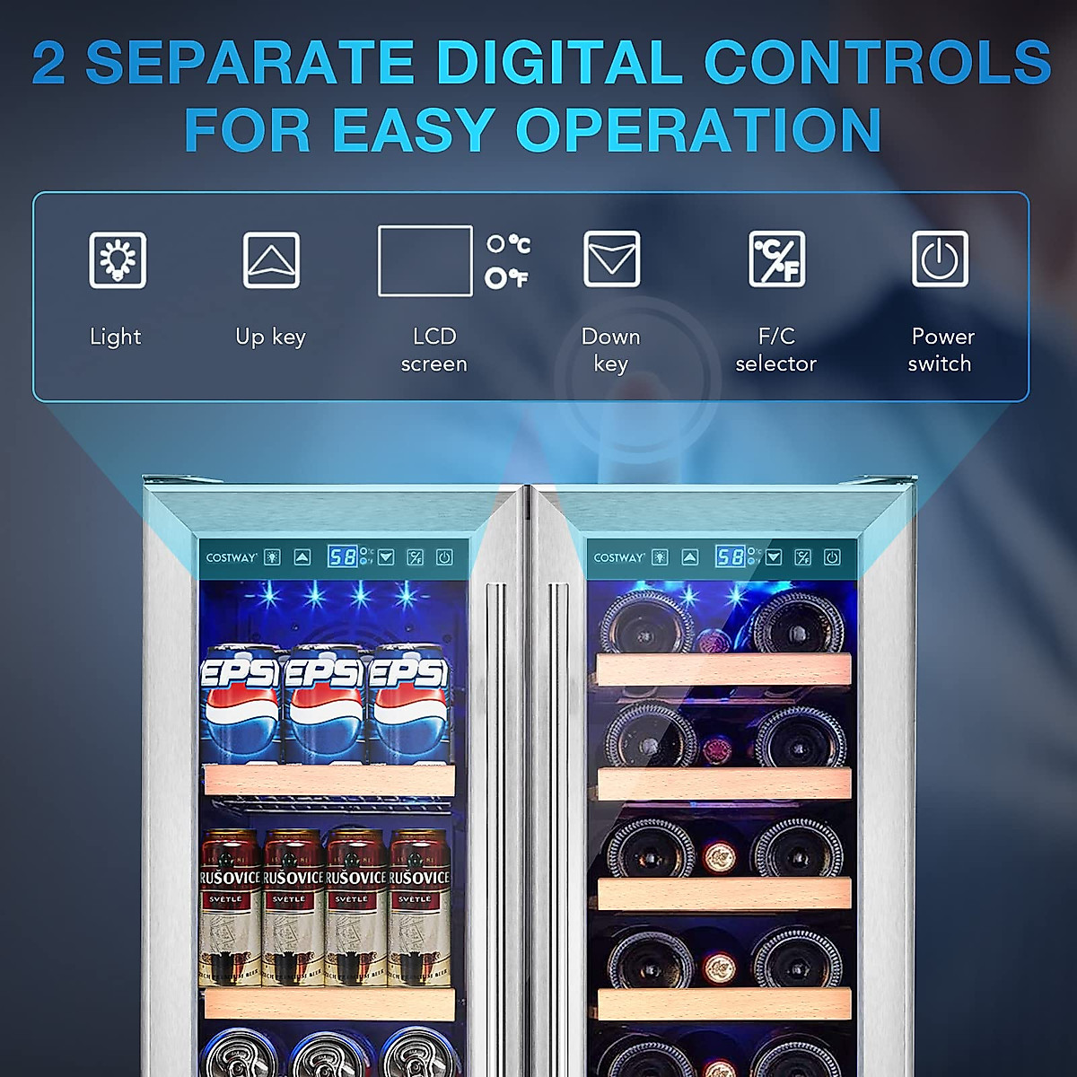 CHEFJOY Beverage and Wine Cooler Refrigerator, Dual Zone 2-in-1 Wine Fridge Cellar w/Independent Temperature Control, LED Lights, 18 Bottles & 57 Cans, Quiet Operation, Freestanding or Built-in