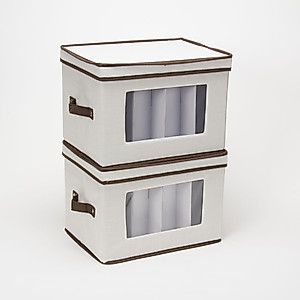Household Essentials Natural 544 Stemware Storage Box with Lid and Handles | Champagne Glasses Canvas with Brown Trim