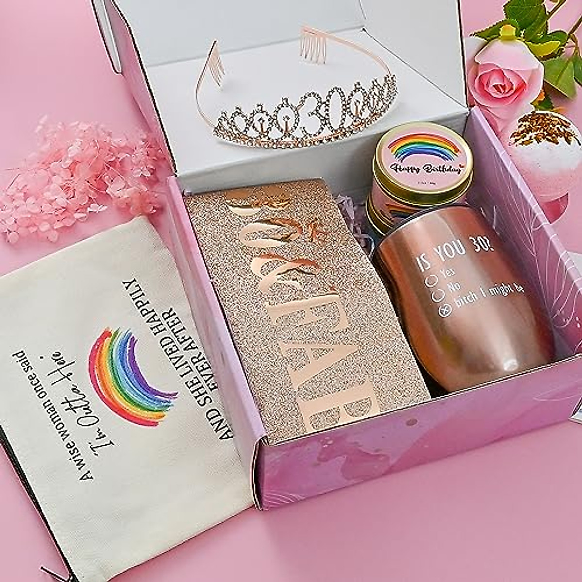 30th Birthday Gifts for Women, Happy 30th Birthday Gifts for Her Unique Birthday Surprise Gift Basket for Her 30 Year Old Women Birthday Gift Ideas Dirty 30 Gifts for Women,Pink