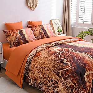 A Nice Night Marble Like Burning Mountain Printed Bedding Set,Retro Style Watercolor Artwork Design,Ultra Soft Comforter Set,7pcs Bed in a Bag,Queen,Orange