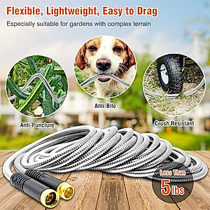 GAINSEN Flexible Metal Garden Hose 50ft x 5/8", Stainless Steel Heavy Duty Water Hose with Thumb Spray Nozzle, Kink & Tangle Free, Puncture & Leak Proof, Durable Lightweight Hose for Yard, Outdoor