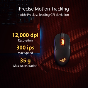 ASUS ROG Strix Impact III Gaming Mouse, Semi-Ambidextrous, Wired, Lightweight, 12000 DPI Sensor, 5 programmable Buttons, Replaceable switches, Paracord Cable, FPS Gaming Mouse, Black