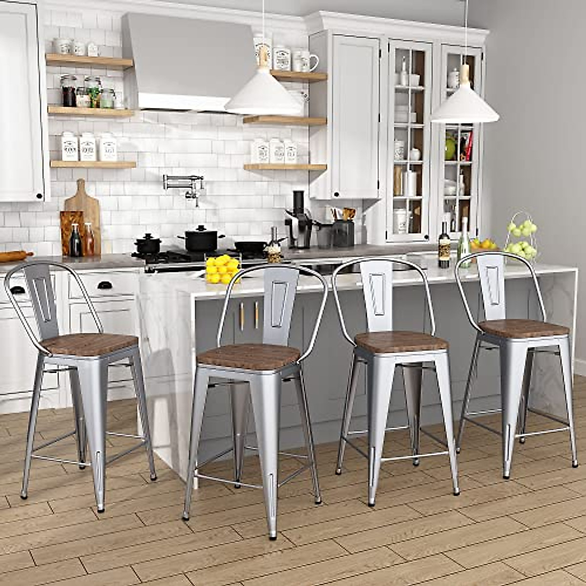 Andeworld Metal Bar Stools Counter Height Stools Dining Chairs High Back Industrial Barstools Set of 4 (30inch,Silver)