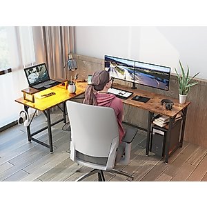 SZXKT L Shaped Gaming Desk with Power Outlets and Monitor Stand, Computer Desk with LED Lights,Home Office Desks Large Writing Study Table Workstation with Hooks Desk for Bedroom, Rustic Brown