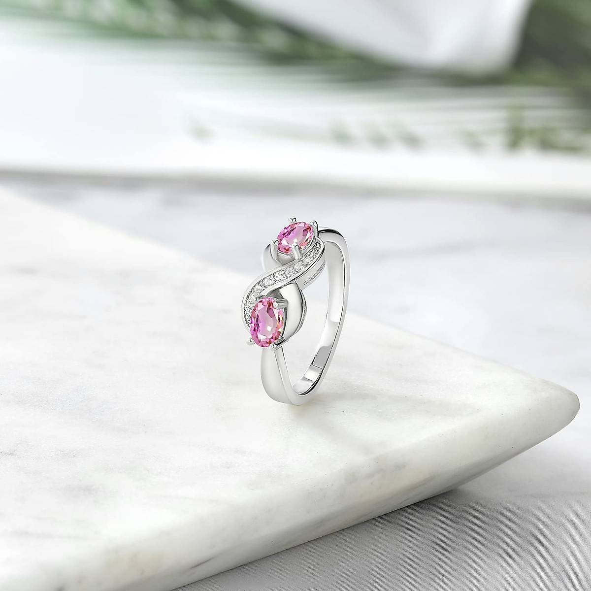 Gem Stone King 925 Sterling Silver 2-Stone Gemstone Birthstone and White Created Sapphire Infinity Promise Forever Love Knot Ring For Women | Oval 6X4MM | Available In Size 5, 6, 7, 8, 9