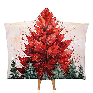 Women Men Hooded Blanket Red Watercolor Christmas TreeFleece Wearable Soft BlanketWinter Holiday Hooded Blankets for Kids Men Women for Home Couch Bed And Sofa 60"x80" Spring Summer Blanket Hoodie