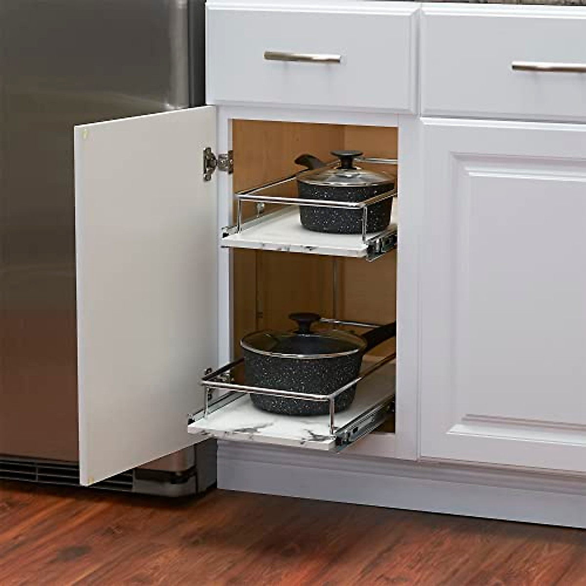 Household Essentials Glidez Chrome-Plated Steel and Faux Marble Pull-Out/Slide-Out Storage Organizer for Under Cabinet Use - 2-Tier Dual-Slide - Fits Standard Size Cabinet or Shelf, White and Chrome