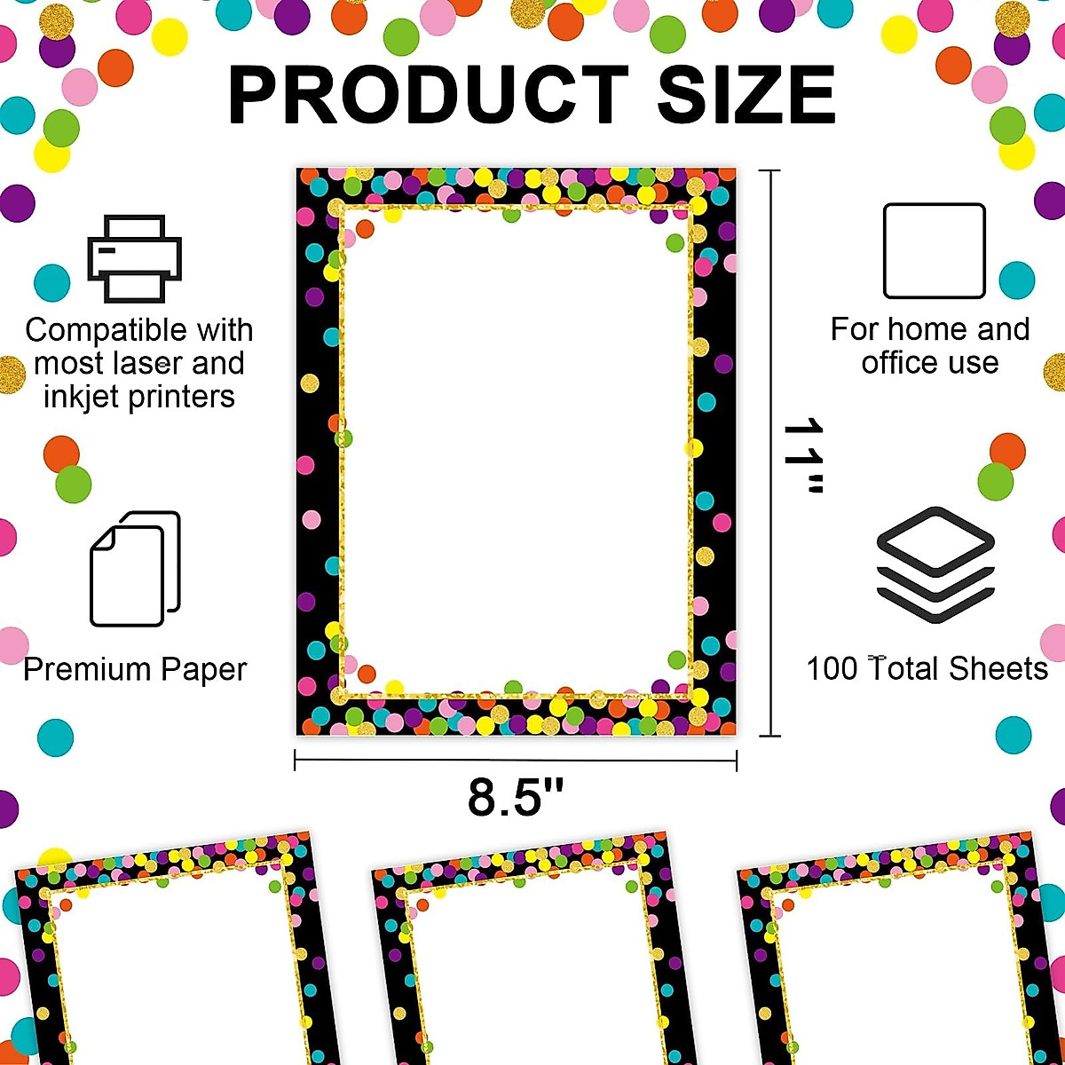 100 Sheets Back to School Confetti Black Stationery 8.5x11 Computer Border Printer Paper, Letterhead Paper for Teacher Printing Writing Letters, School Printer Supplies for Kids Home Family