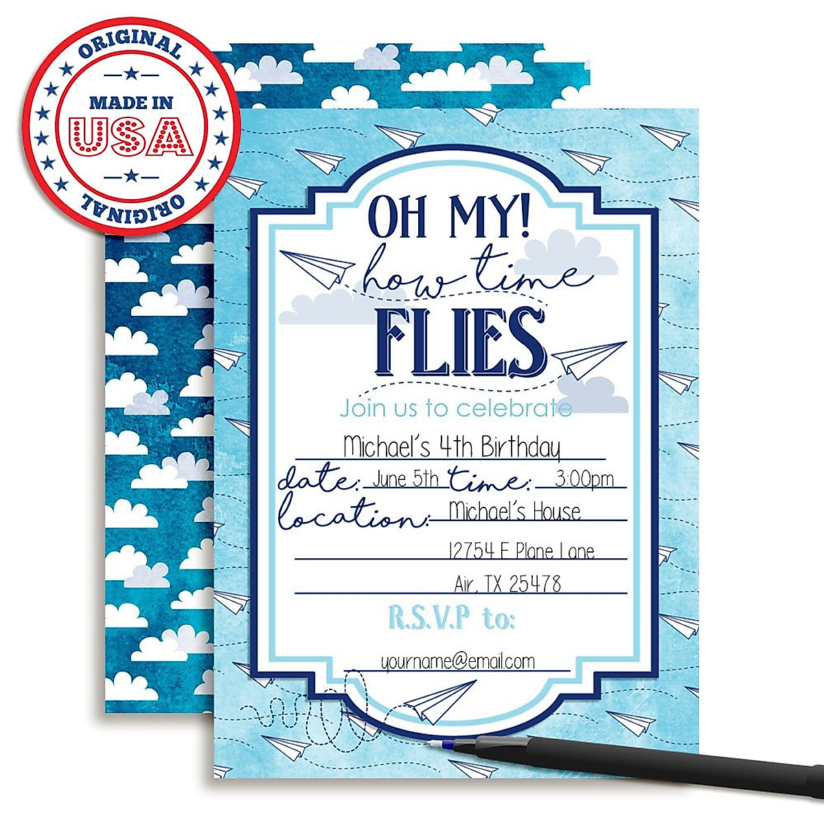 Paper Airplane Time Flies Themed Birthday Party Invitations, 20 5x7 Fill In Cards with Twenty White Envelopes by AmandaCreation