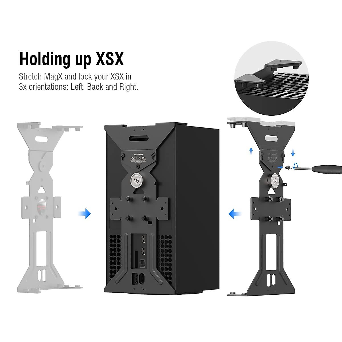 Magnetic Wall Mount for Xbox Series X, Metallic Support Bracket with Gaming Headset Hook, Magnets and Built-in Level Design - Mount XSX Vertical, Horizontal or Under The Desk