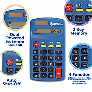 Learning Resources Primary Calculator - 10 Pieces, Ages 3+ Basic Solar Powered Calculators, Teacher Set of 10 Calculators, School Supplies