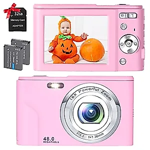 Digital Camera, FHD 48.0 MP Vlogging Camera Mini Camera Kids Camera Video Camera Pocket Camera with 32GB TF Card Autofocus 16X Digital Zoom, Compact Portable Camera for Kids Students Teenager-Pink