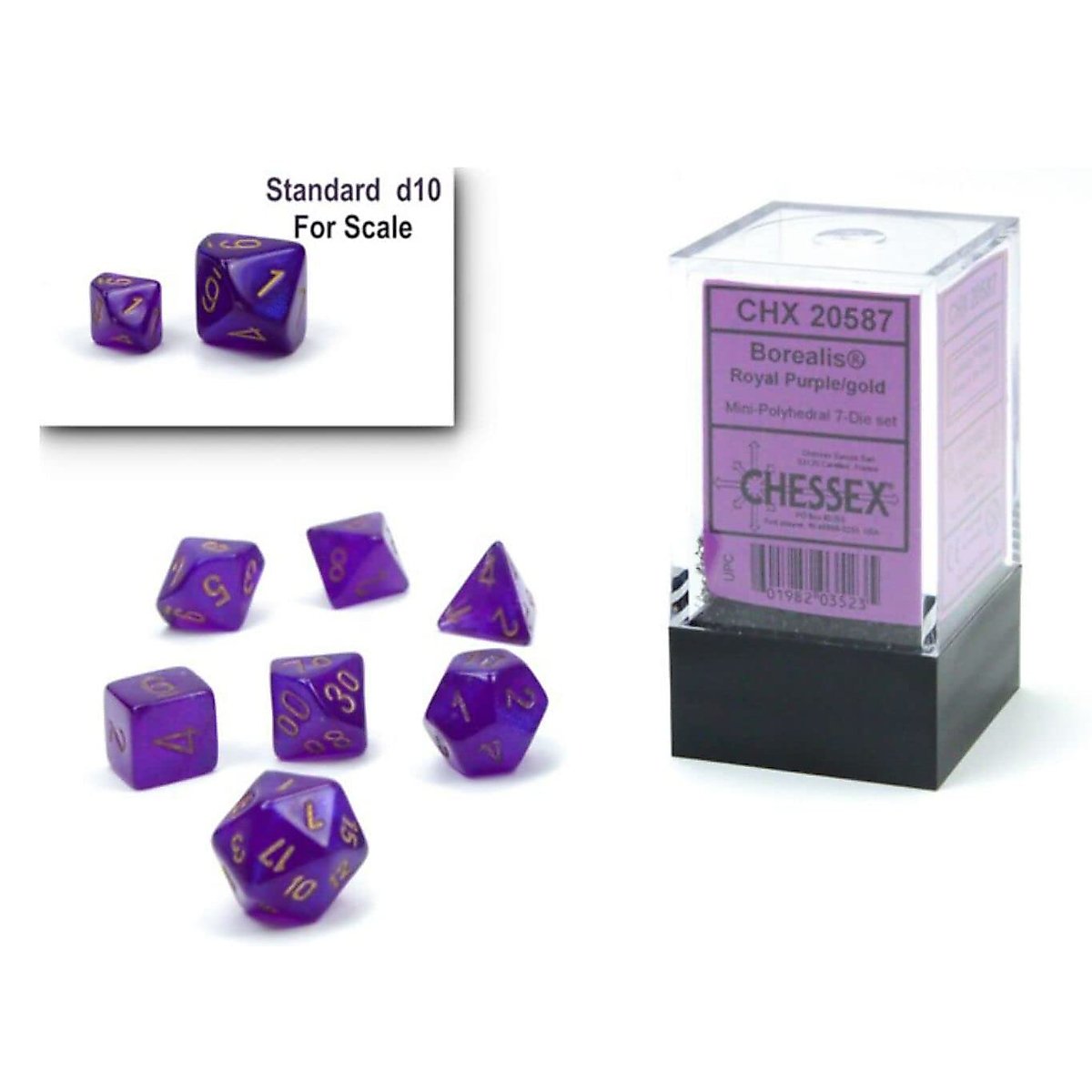 Chessex Dice Set – 10mm Borealis Purple/Gold Luminary Polyhedral Dice Set – Dungeons and Dragons D&D DND TTRPG Dice – Includes 7 Dice - D4 D6 D8 D10 D12 D20 D% (CHX20587)