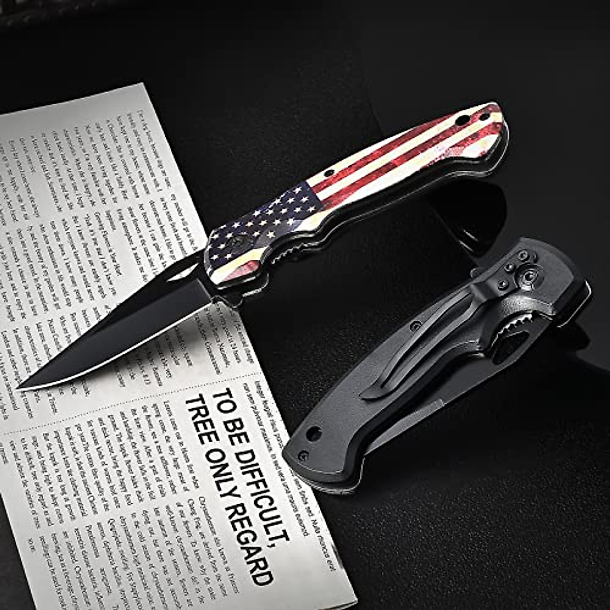 Viwki Pocket Folding Knife with 3.34" Blade for Hunting Outdoor Tactical Survival and EDC,Handle w/Embossed Flag, Liner Lock, Flipper Open,Deep Carry Pocketclip