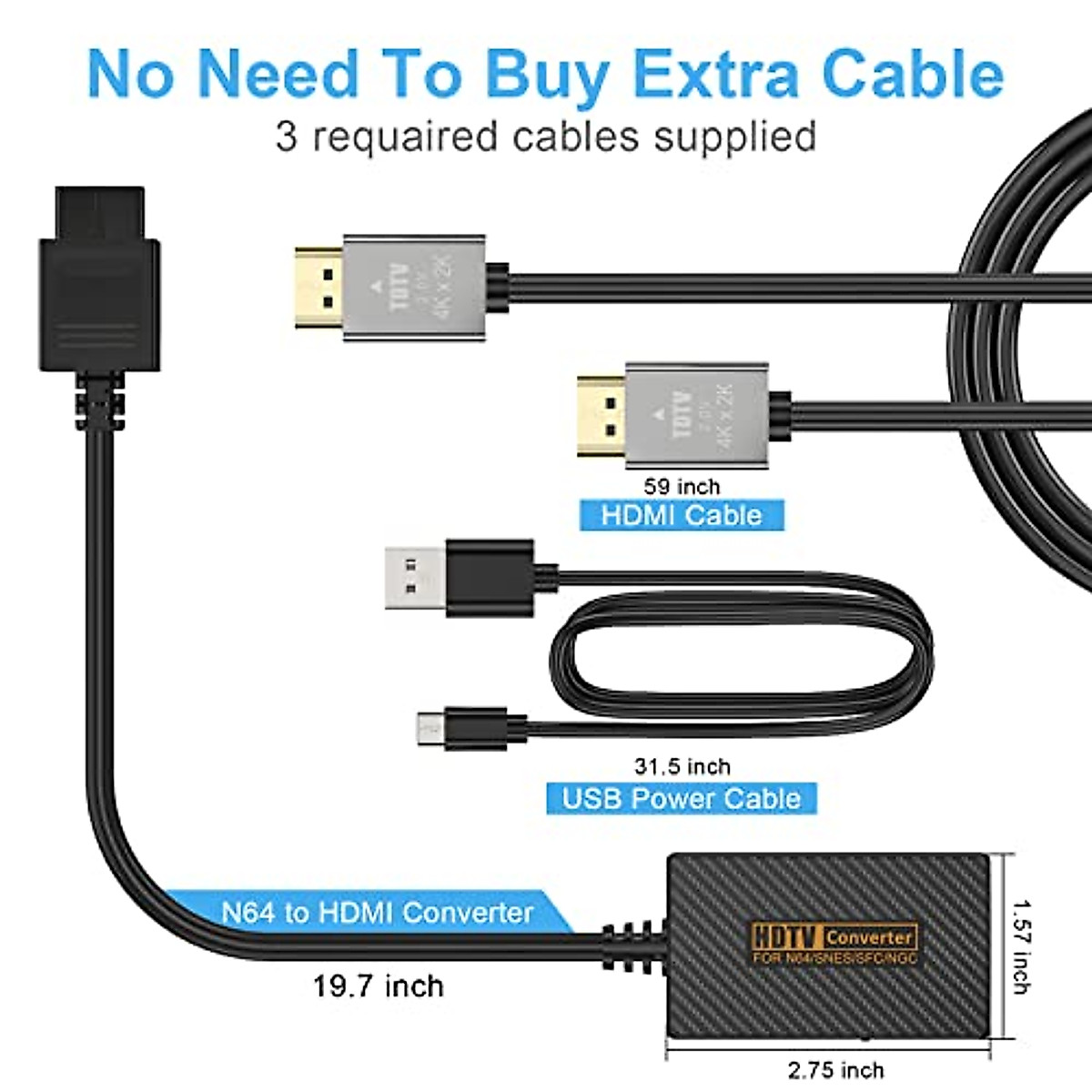 RuntoGOL N64 Gamecube to HDMI Adapter Converter Cable, HDMI Adapter for Nintendo Gamecube/Nintendo 64/SNES/SFC with HDMI Cable and USB Cable, Supports 4:3/16:9 Ratio Conversion