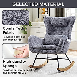 NIOIIKIT Nursery Rocking Chair, Teddy Upholstered Glider Rocker with Headrest and Lumbar Pillow, High Backrest Rocking Accent Chair with Side Pocket, Comfy Armchair for Living Room (Grey)
